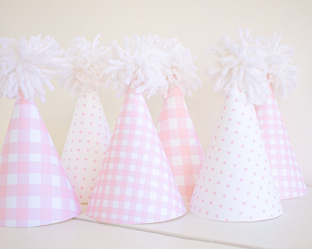 Pink Gingham Party Hat Printable & Pink Dot Party Hat Template ...