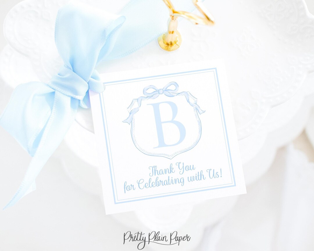 Favor Tag | 3.5x3.5 | Light Blue Crest With Bow | Pretty Monogram Crest ...