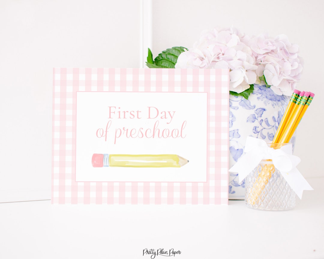Pink Gingham First Day of School Sign | Watercolor First Day of School ...