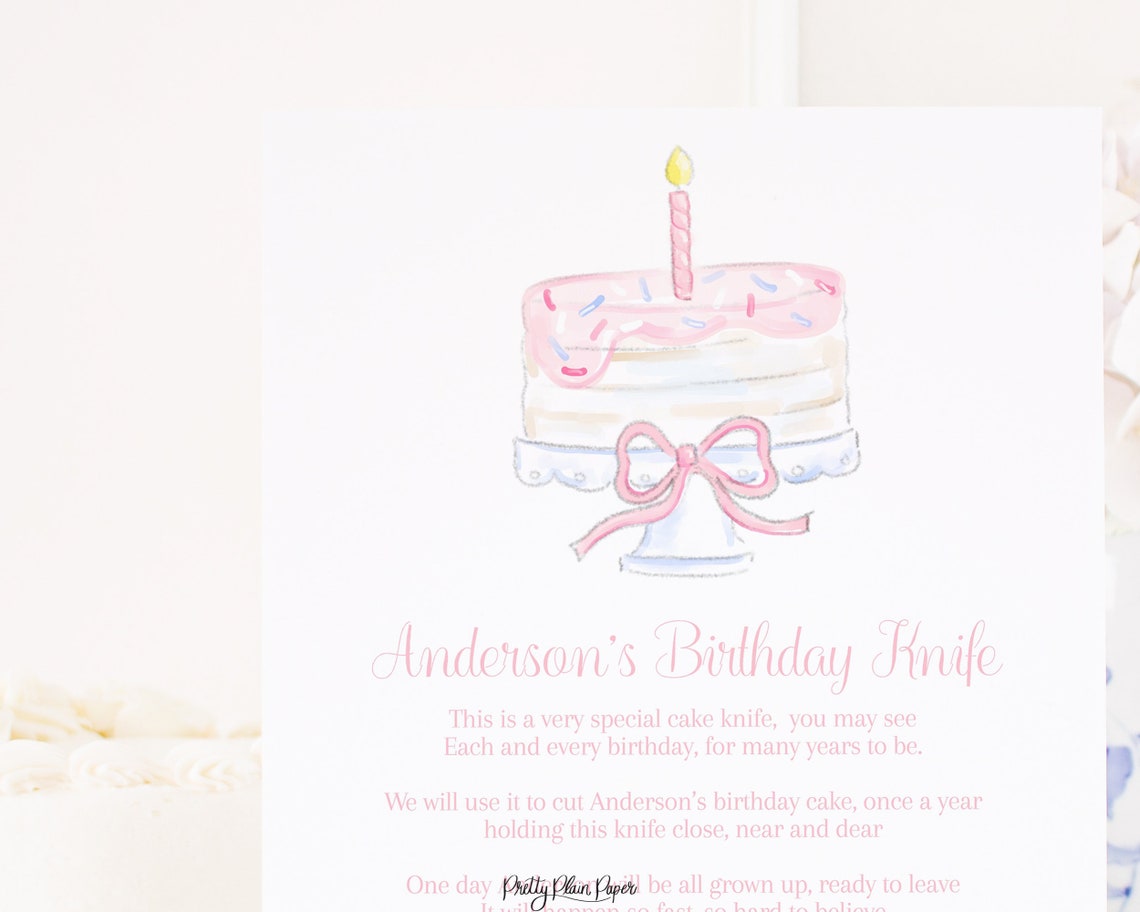 My Special Birthday Cake Knife Poem Sign for 1st Birthday | Watercolor ...