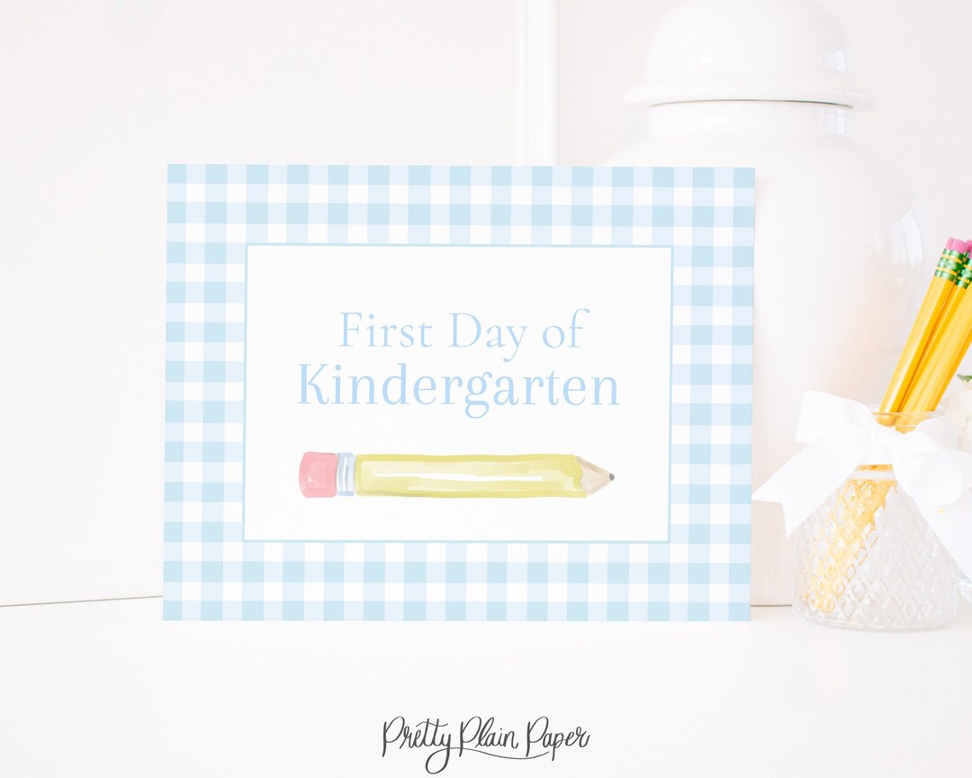 Blue Gingham First Day of School Sign | Watercolor First Day of School ...