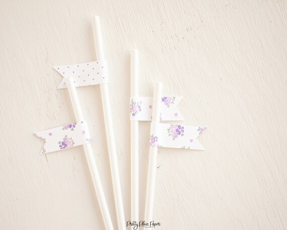 Lavender Floral Straw Topper Flags Purple Floral Party - Etsy