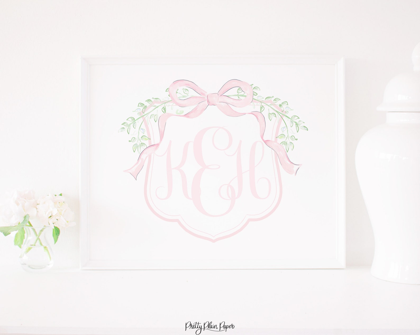 Watercolor Monogram Crest Artwork | Pink Floral & Bow | Printable ...