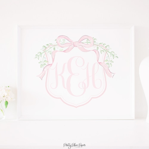 Watercolor Pink Crest Invitation With Bow & Monogram - Etsy