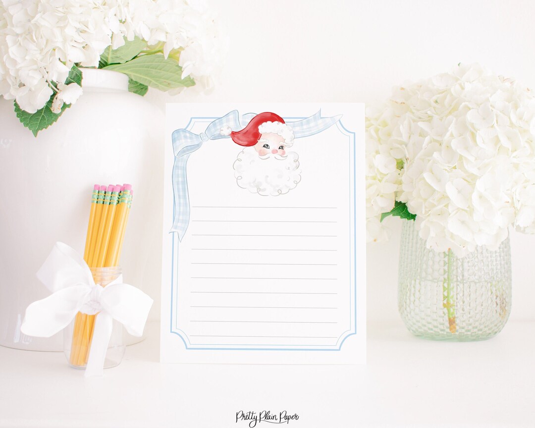 Blue Gingham Ribbon & Red Santa Claus | Lined Watercolor Printable ...