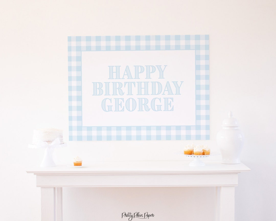 Light Blue Gingham Backdrop | Light Blue Gingham Happy Birthday ...