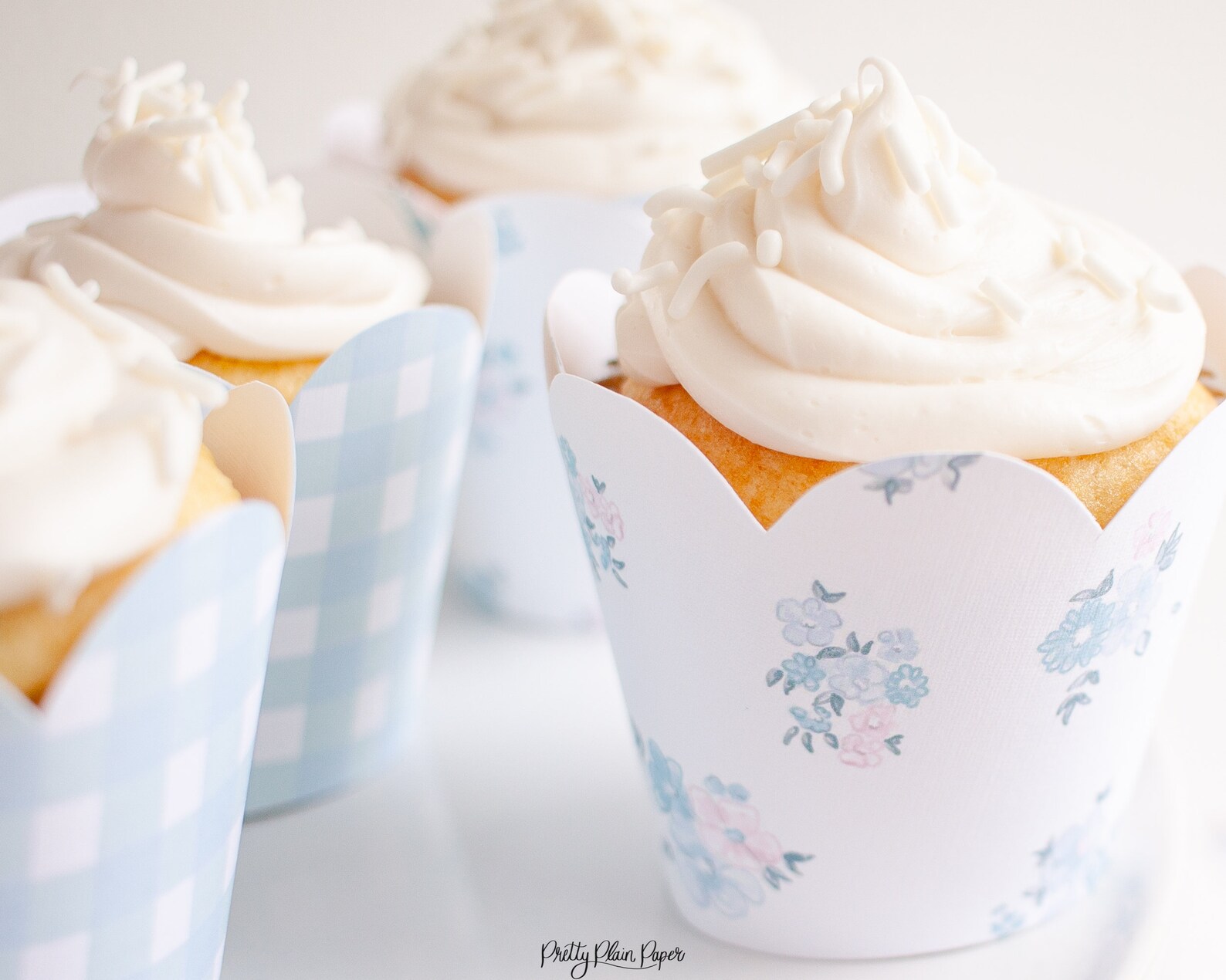 Blue Floral & Gingham Cupcake Wrappers - Watercolor Printable Cupcake ...