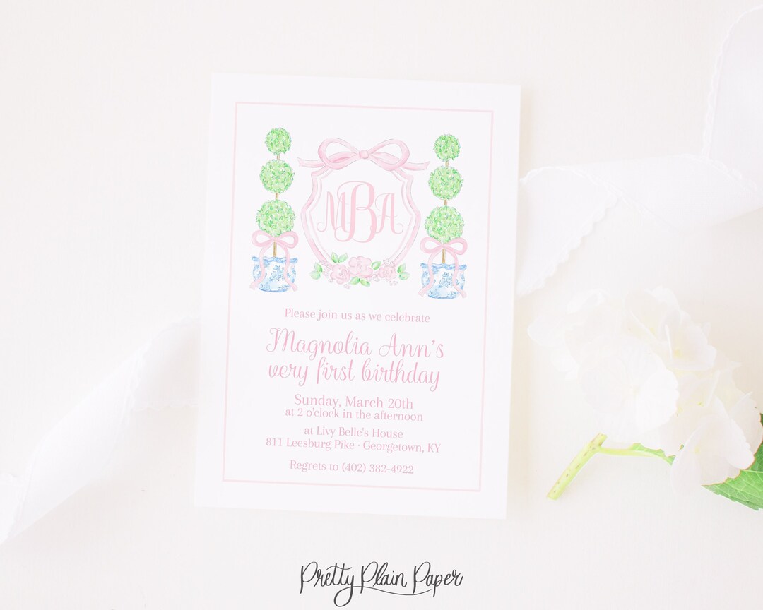 Watercolor Pink Crest and Blue Chinoiserie Topiary Invitation | 5x7 ...