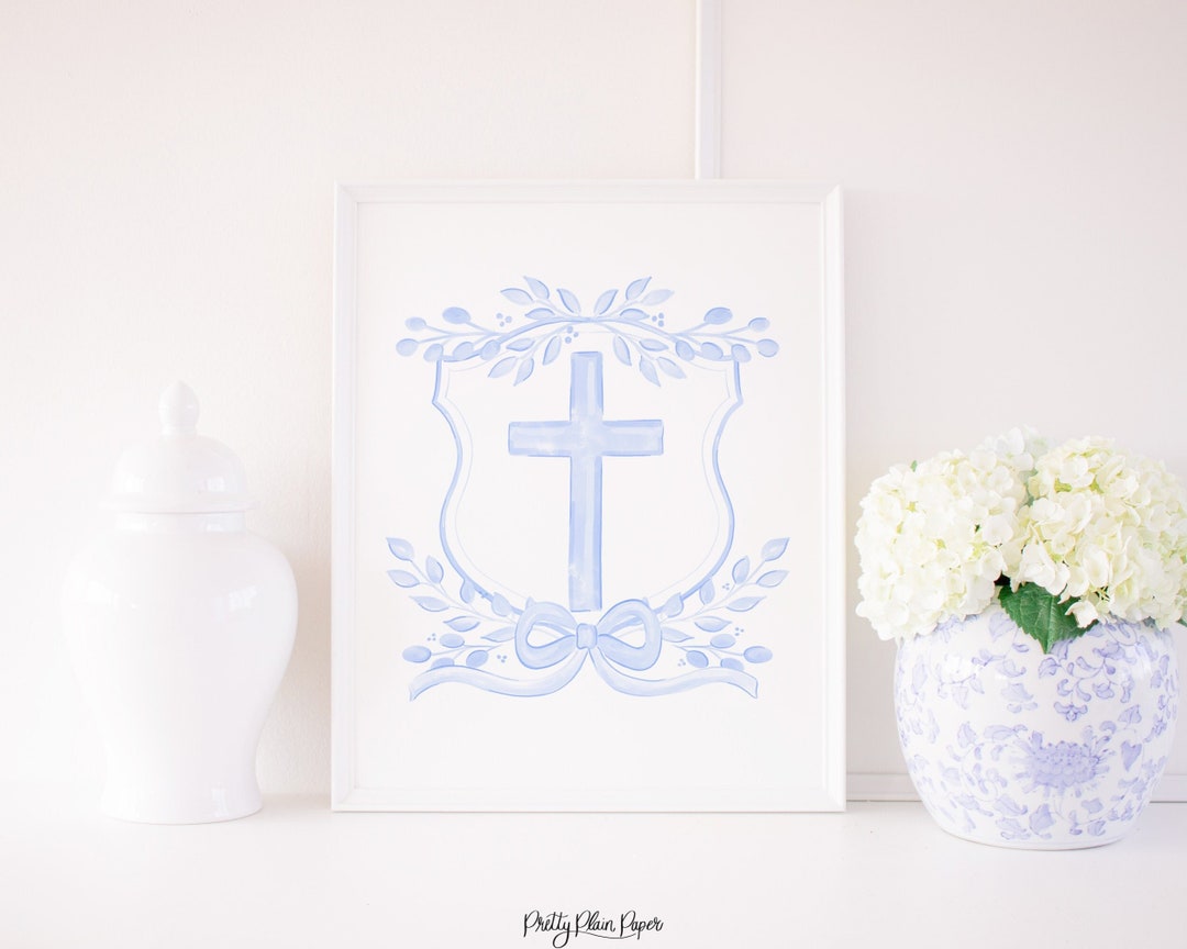 Watercolor Crest With Cross in Blue | 8x10 or 16x20 | Classic ...
