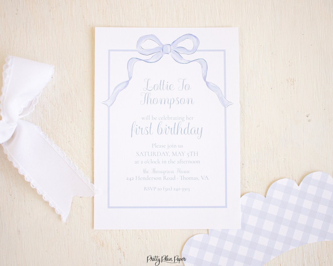 Watercolor Blue Bow Birthday Invitation | Bow Theme Birthday Invitation ...