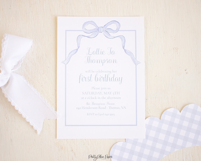 Watercolor Blue Bow Birthday Invitation Bow Theme Birthday - Etsy