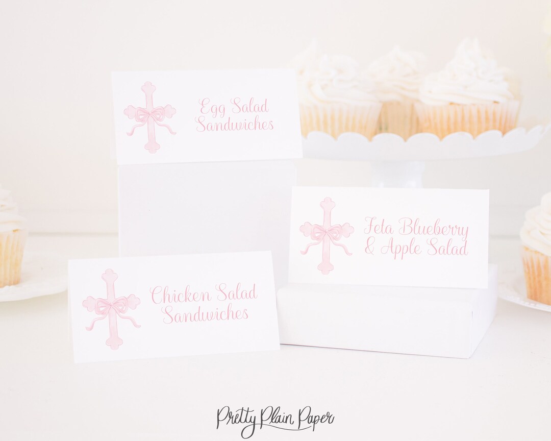 Watercolor Pink Baptism Food Labels or Place Cards | Cross With Bow in ...