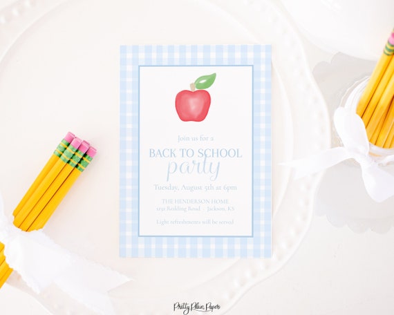 Watercolor Blue Gingham Back to School Party Invitation With - Etsy