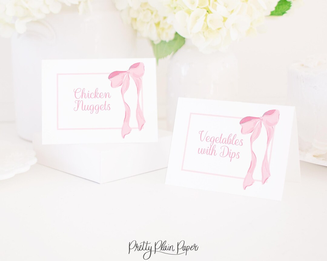 Food Labels or Place Cards | 3x4 | Printable | Watercolor Pink Bow ...