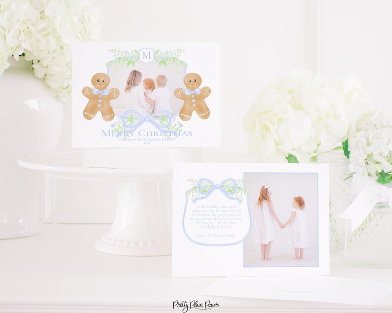 Watercolor Blue Gingerbread Boys Christmas Card With Photo - Etsy