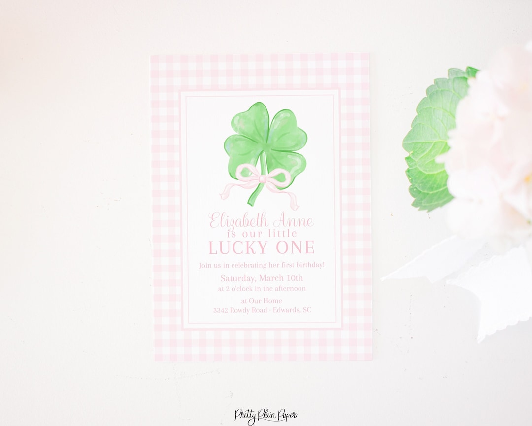 Pink Gingham & Watercolor Four Leaf Clover Birthday Invitation | Lucky ...