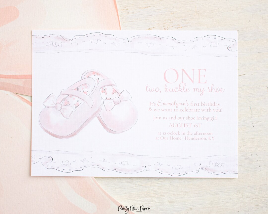 ONE Two Buckle My Shoe Invitation | Watercolor Invitation | Pretty 1st ...