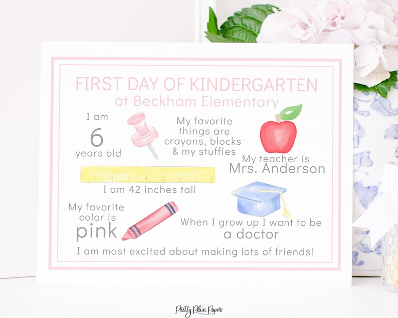 Watercolor First Day of School Sign in Pink Fill-in the - Etsy