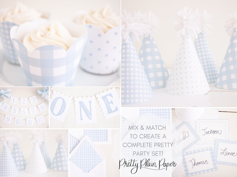 Blue Gingham Party Hats & Blue Polka Dots Printable Template - Etsy