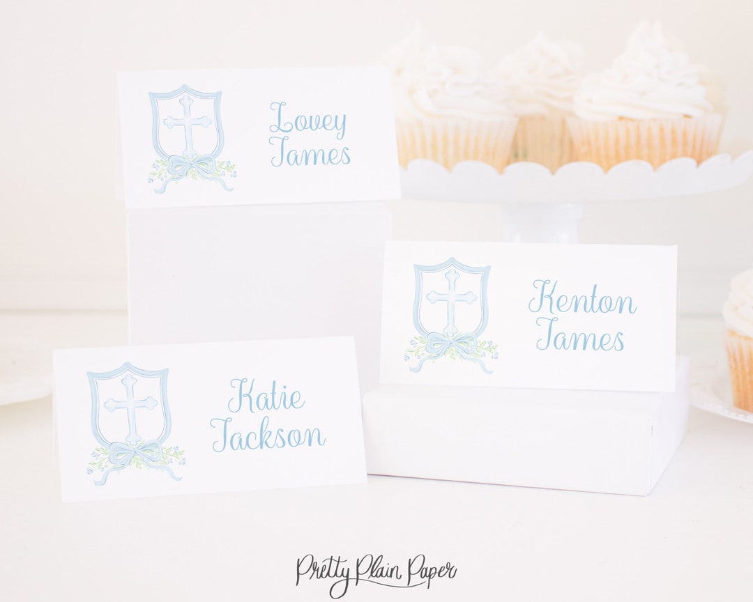 Place Cards or Food Labels | 2x4 Tent Style | Watercolor Baptism Crest ...