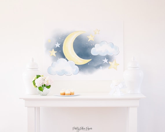 Watercolor Moon and Stars Backdrop Poster Printable Download | Etsy
