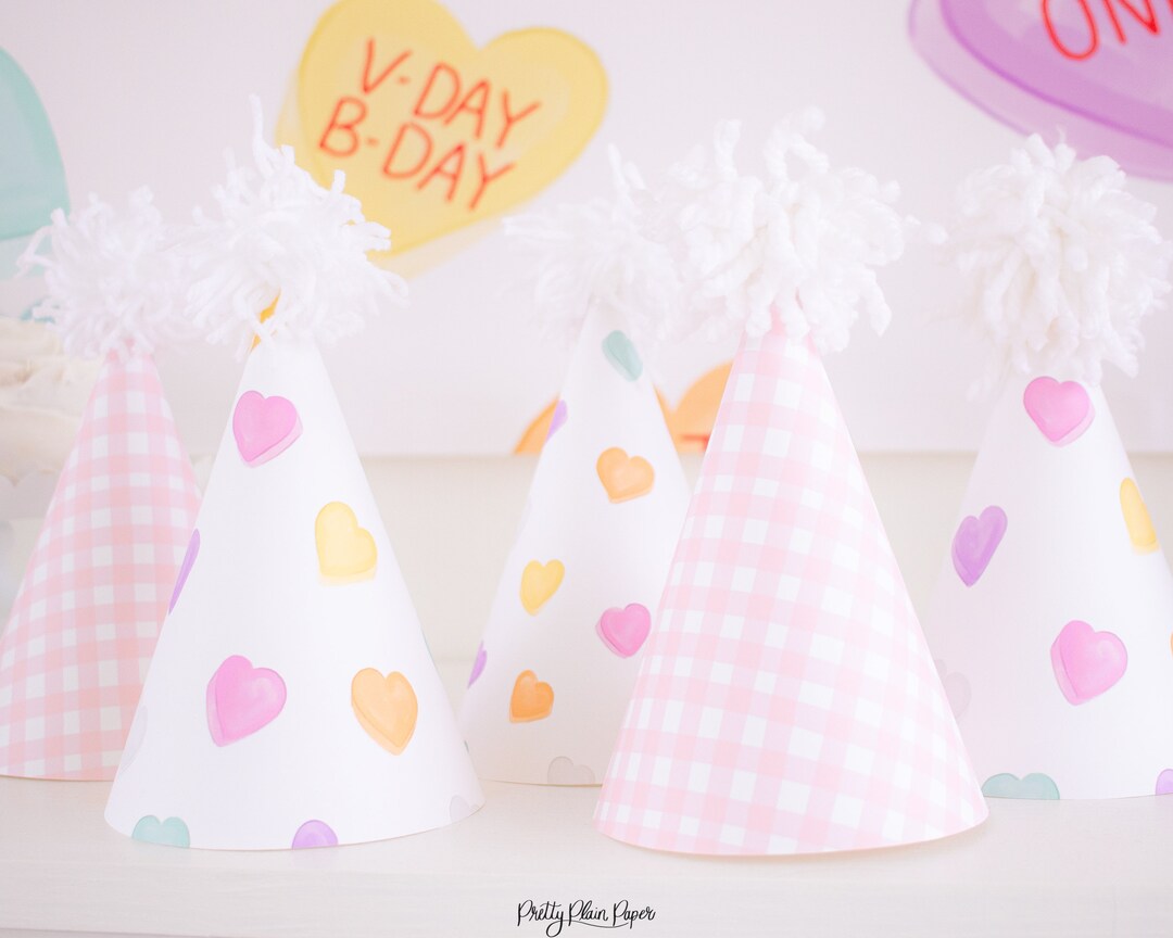 Candy Hearts & Pink Gingham Party Hats | Conversation Hearts Party Hats ...