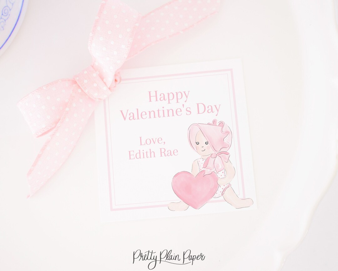 Watercolor Little Girl With Pink Bonnet Valentine Tag | 3.5 X 3.5 ...