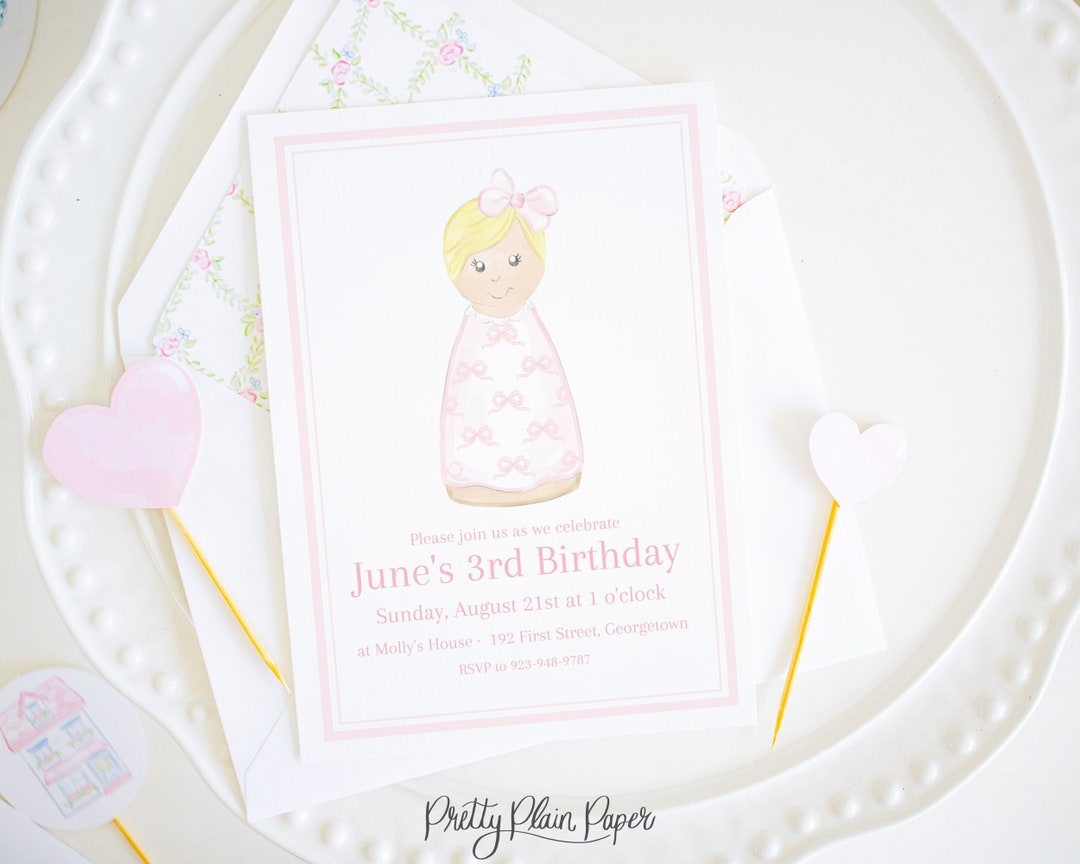 Watercolor Peg Doll Invitation With Pin Bows | 5 X 7 Printable Download ...