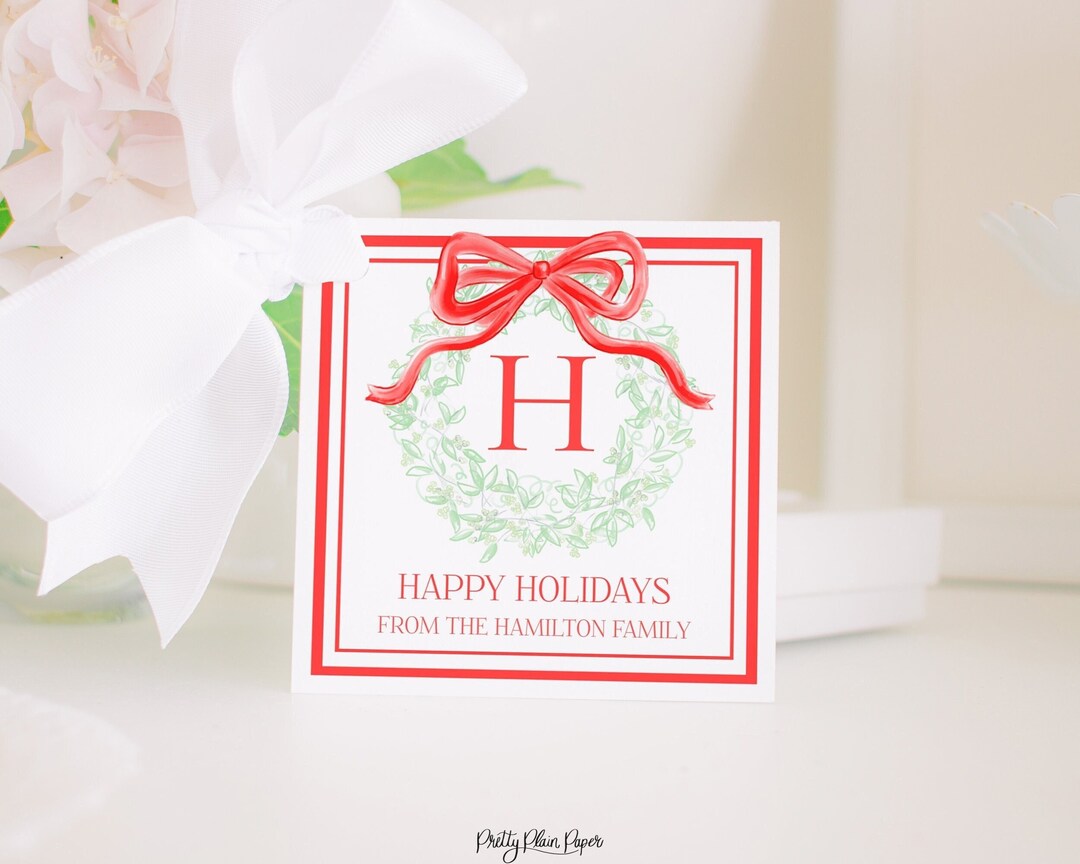 Red Bow Monogram Wreath Watercolor Christmas Gift Tag or Holiday Treat ...