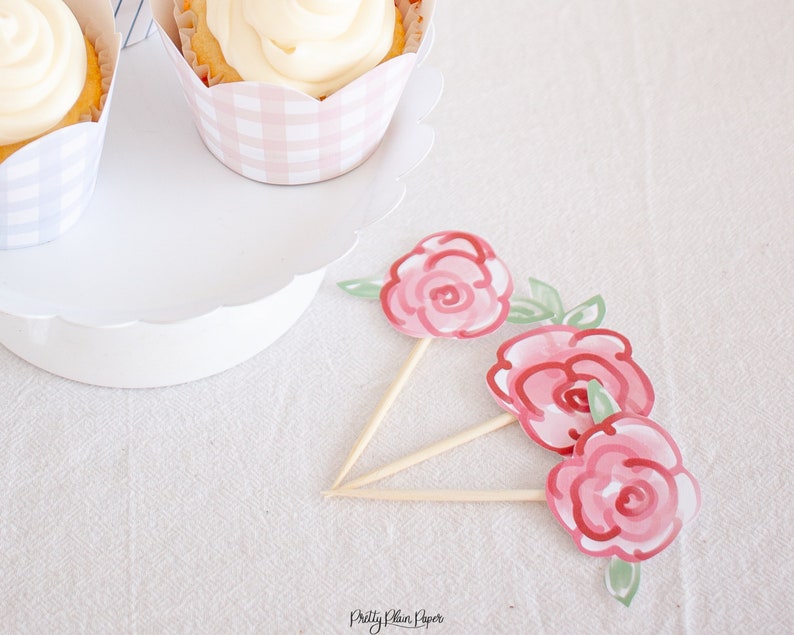 Red Rose Watercolor Printable Cupcake Toppers Download 0106 | Etsy