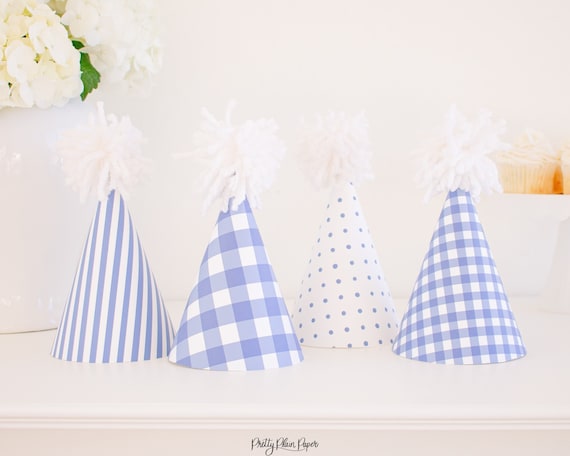Dark Blue Gingham Party Hats Printable Download Dark Blue | Etsy