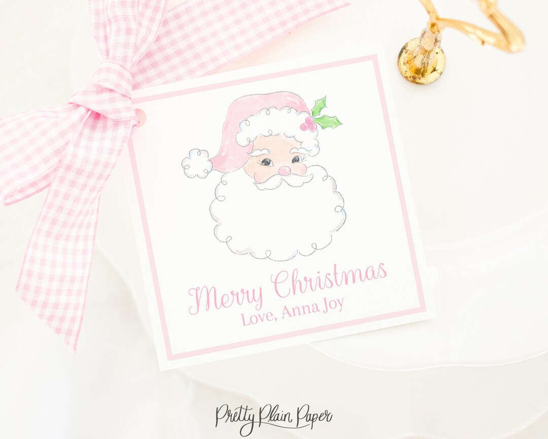 Pink Santa Tag | 3.5x3.5 Printable | Watercolor Christmas Tag | Santa ...