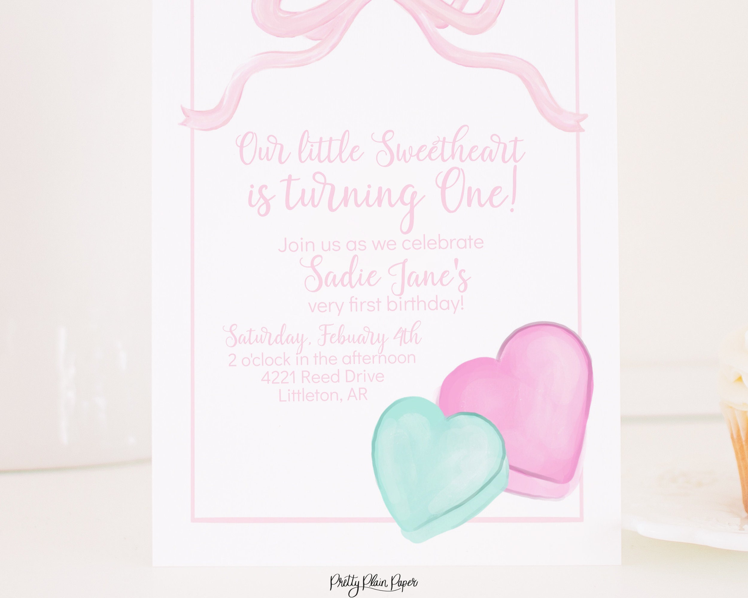 Watercolor Pink Bow & Candy Hearts Invitation Printable | Etsy