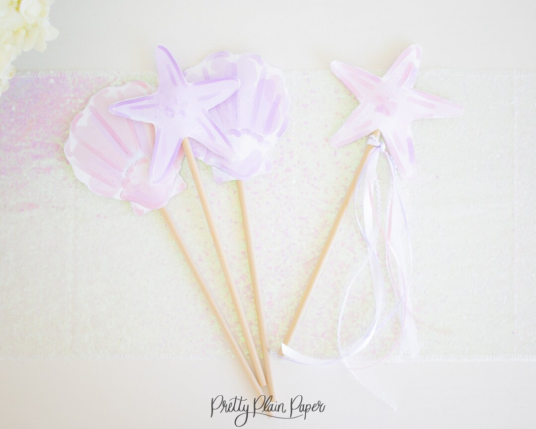 Watercolor Pink and Purple Seashell Mermaid Wand Toppers DIY ...