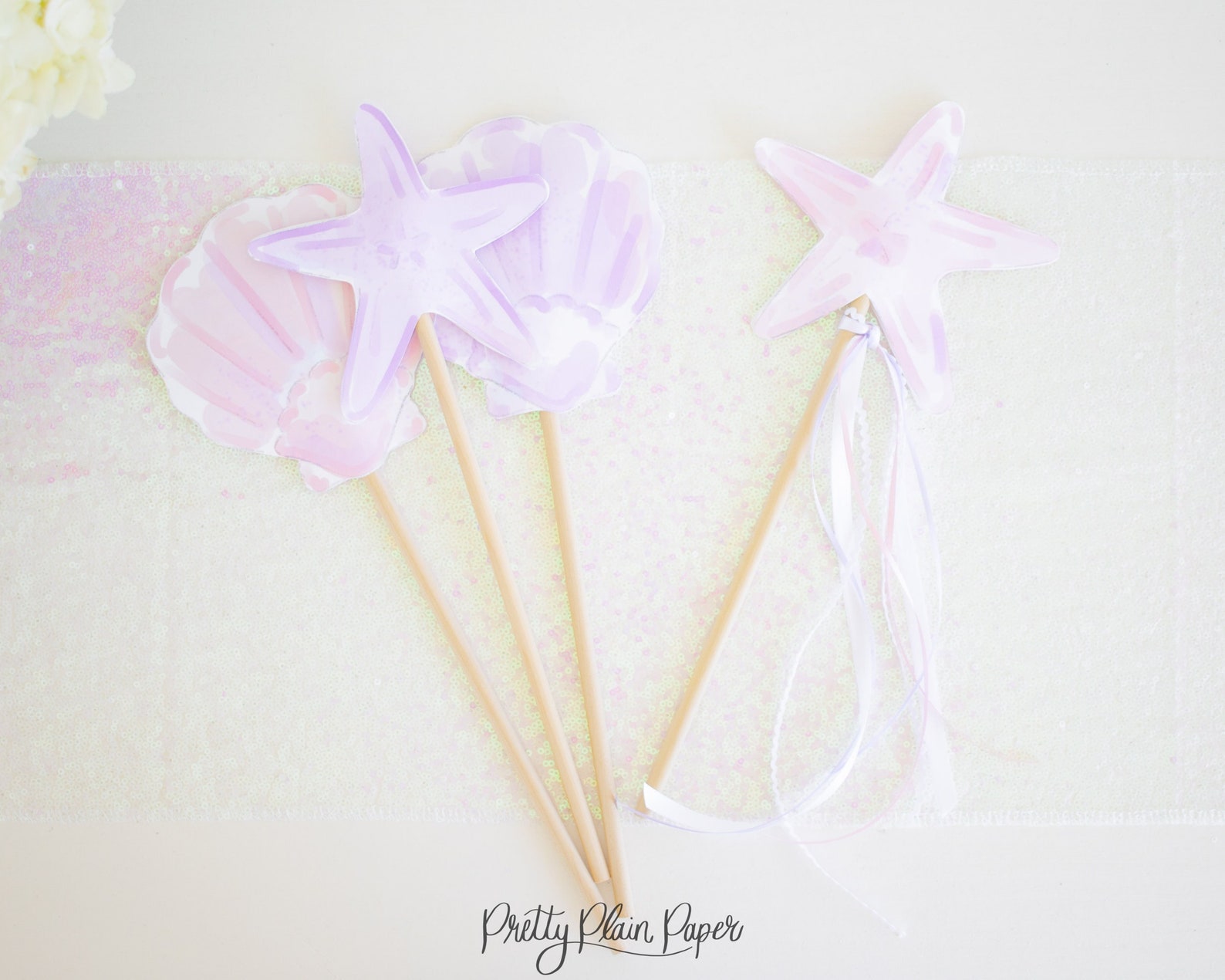 Watercolor Pink and Purple Seashell Mermaid Wand Toppers DIY ...