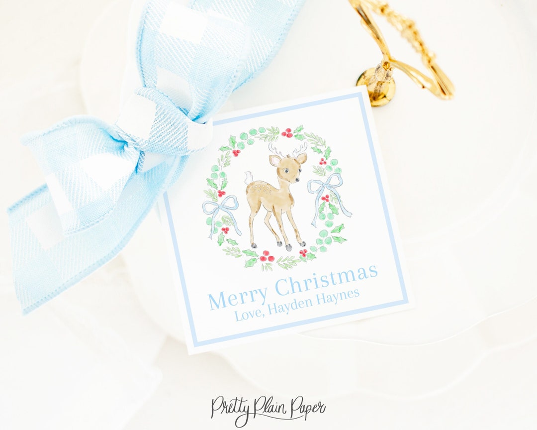 Blue Reindeer Christmas Gift Tag With Bow | 3.5x3.5 Printable ...