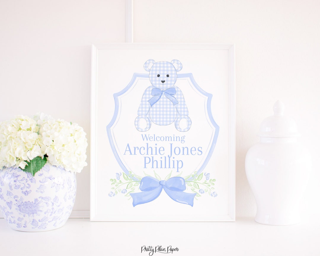 Welcome Baby Printable | 16x20 | Watercolor Blue Teddy Bear Crest ...