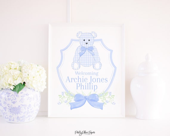 Welcome Baby Printable 16x20 Watercolor Blue Teddy Bear | Etsy