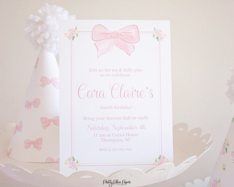 Pink Bow & Floral Birthday Invitation Watercolor Printable - Etsy