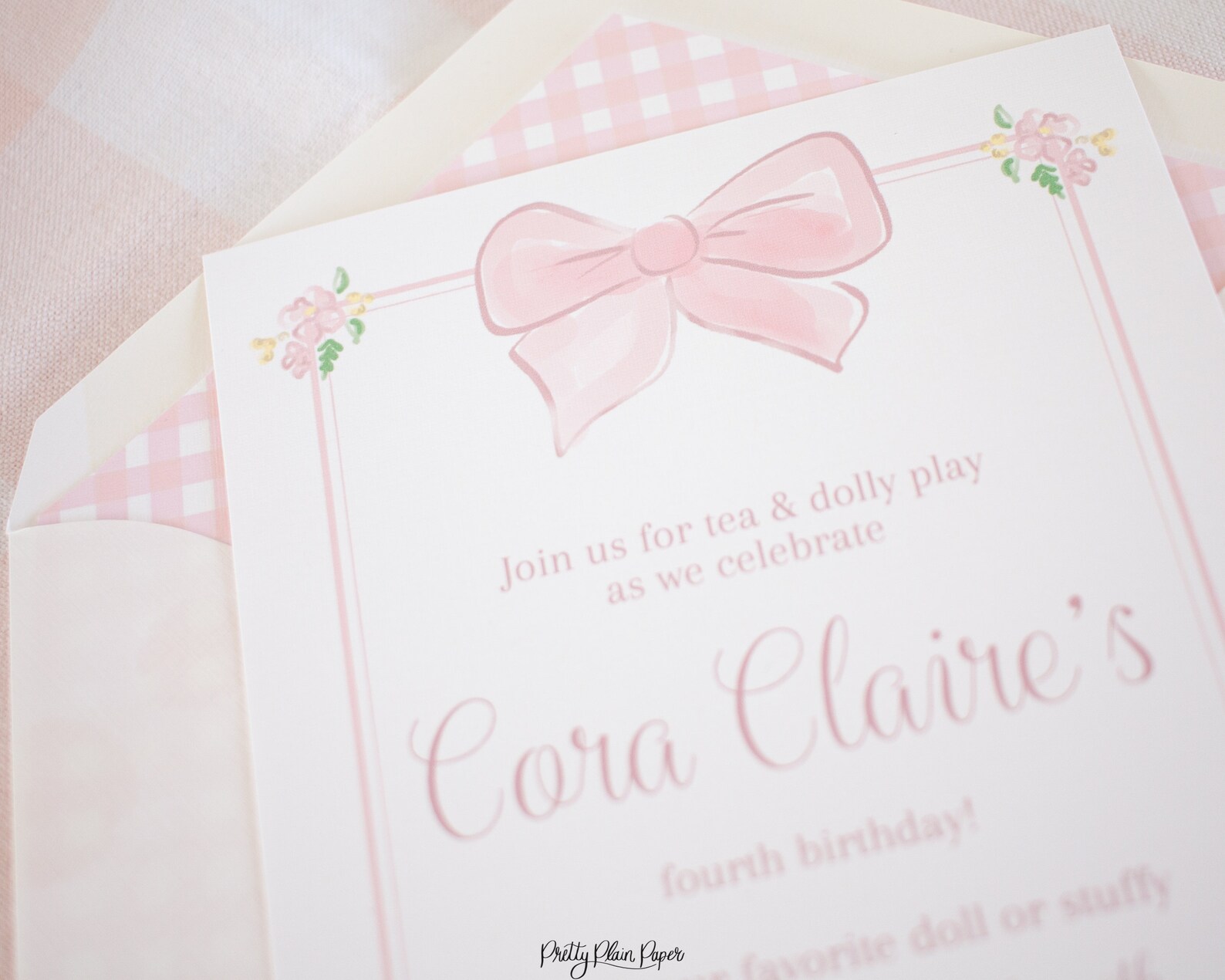Pink Bow & Floral Birthday Invitation Watercolor Printable - Etsy