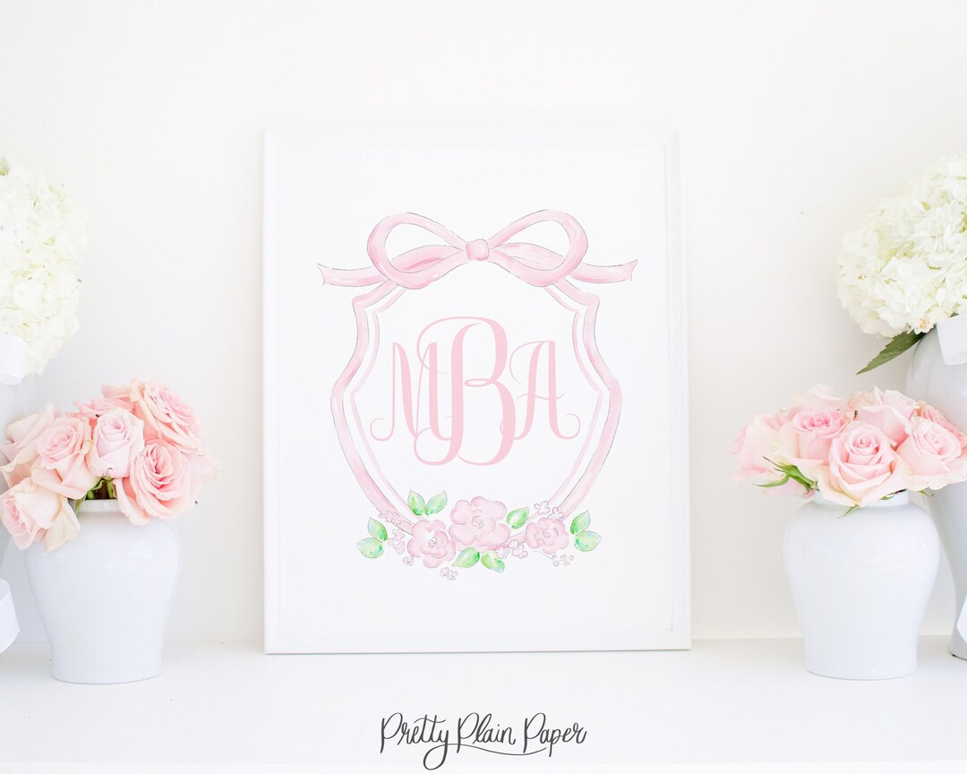 Watercolor Pink Crest Print | 8x10 or 16x20 | Initial Monogram Crest ...
