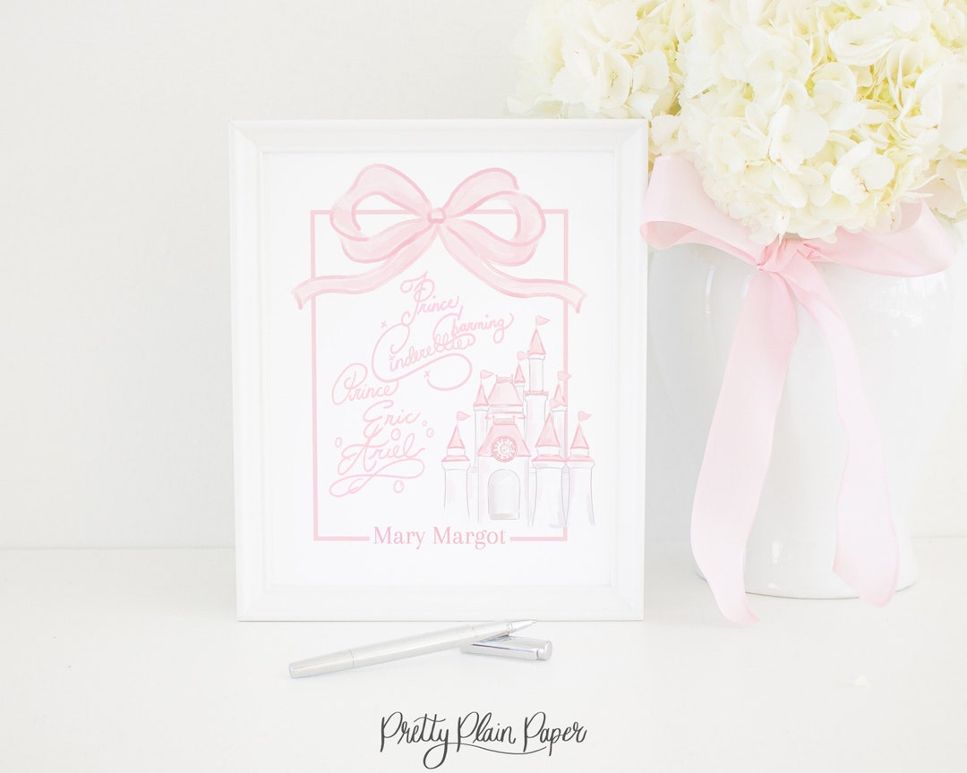 Watercolor Pink Bow With Castle Character Signatures Print | 8x10 ...
