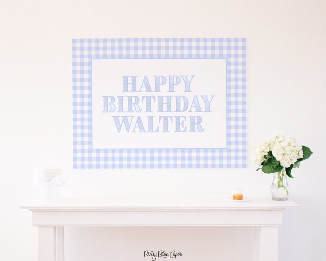 Blue Gingham Backdrop | Blue Gingham Happy Birthday Backdrop | Editable ...