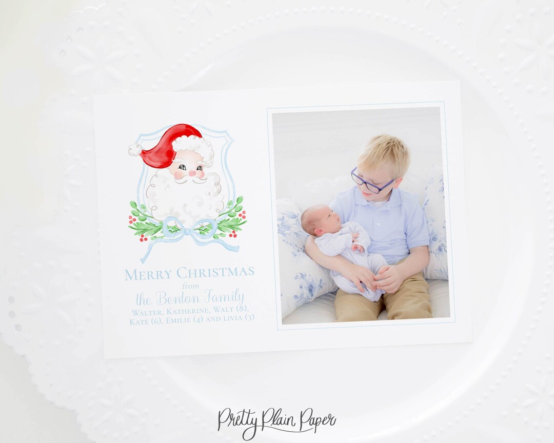 Watercolor Santa Crest | Blue and Red | Christmas Card With Photo ...