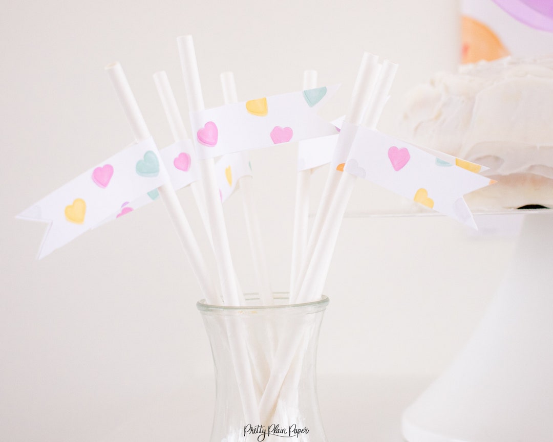 Candy Hearts Pattern Straw Topper Flags | Valentine Heart Party ...