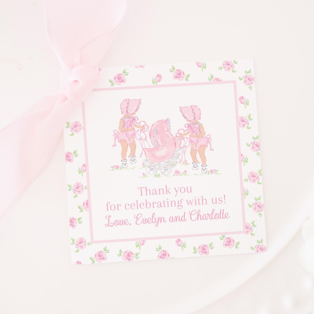 Favor Tag With Pink Watercolor Twin Little Girls in Bonnets for 1st ...