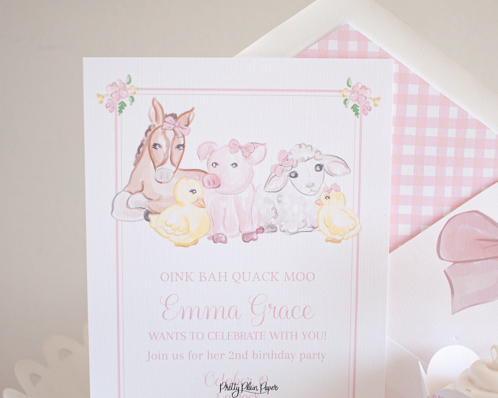 Girly Farm Animals With Bow Invitation Watercolor Printable | Etsy