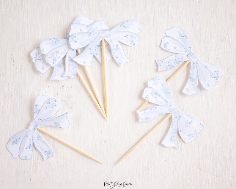 Blue Floral Bow Watercolor Printable Cupcake Toppers Download | Etsy