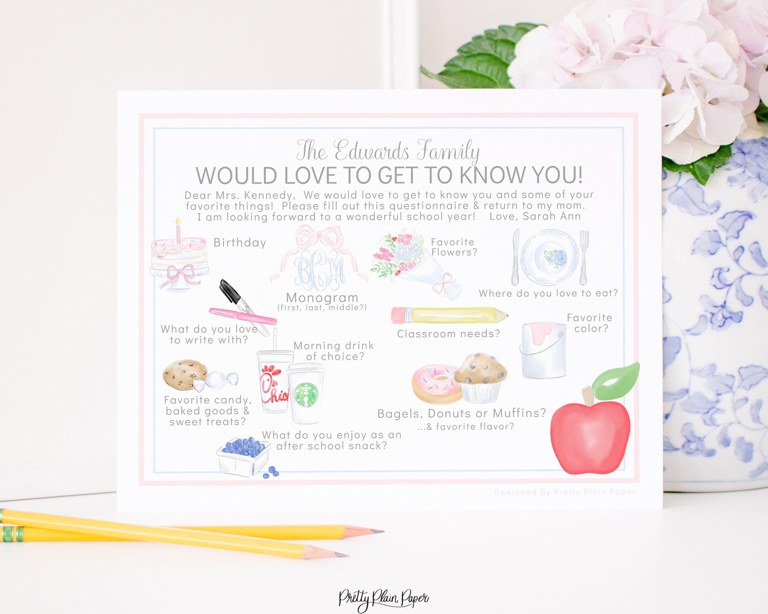 Watercolor Get to Know the Teacher Questionnaire Printable & | Etsy