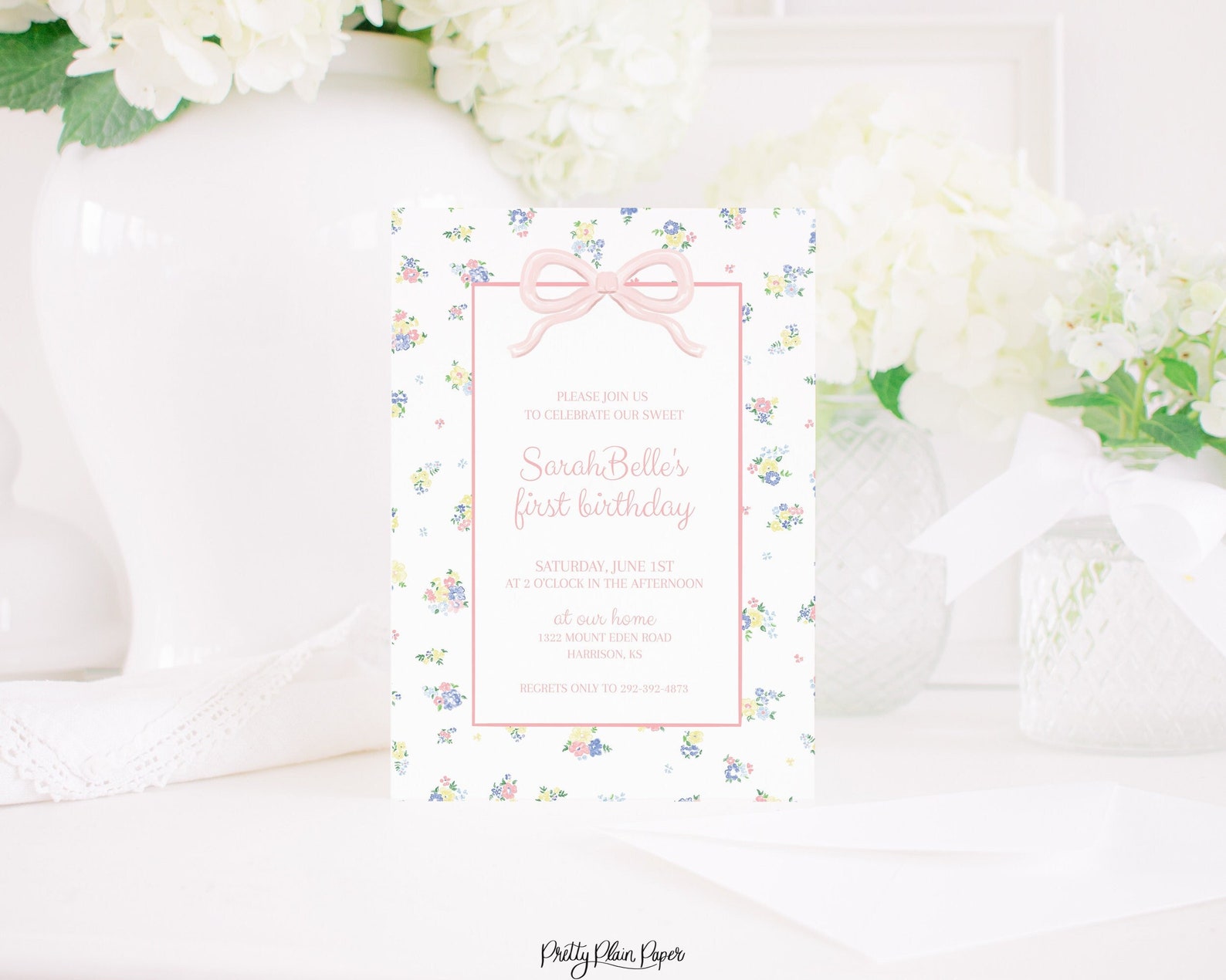 Watercolor Pink Bow Invitation With Floral Pattern Bow Theme | Etsy